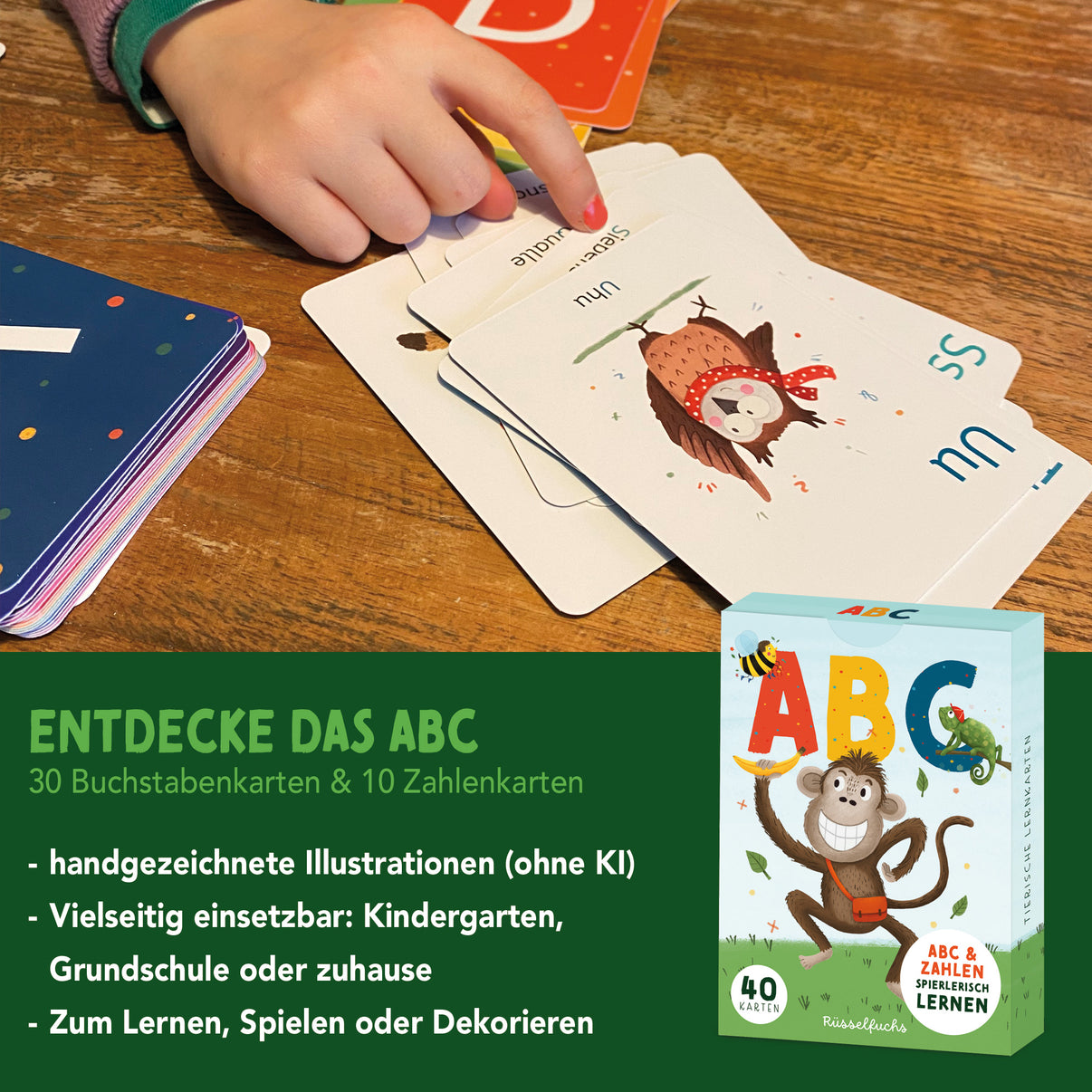 ABC-Kartenset mit 30 Buchstabenkarten und 10 Zahlenkarten – Rüsselfuchs
